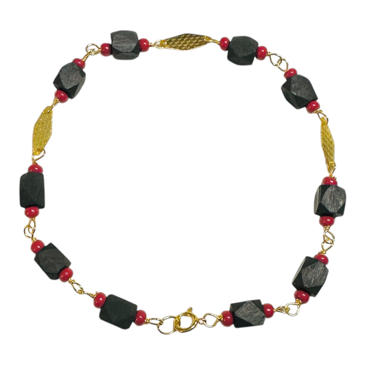 10 Karat Yellow Gold and Genuine 6mm Azabache Jet 7.5" Plaques Bracele ...