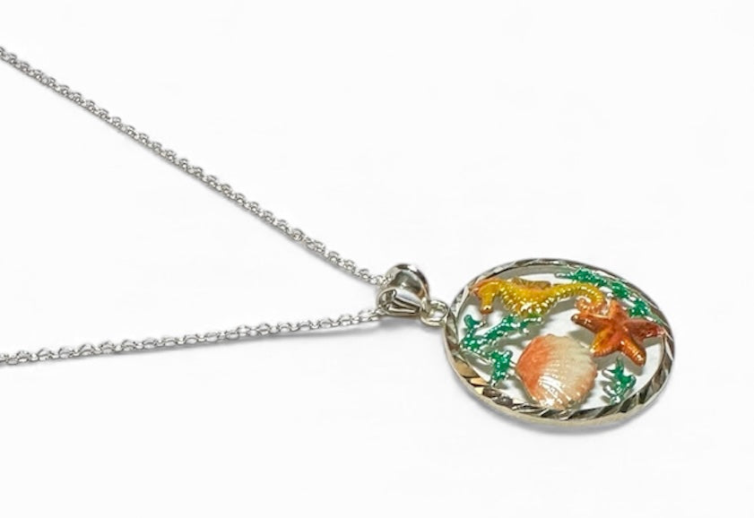 Sterling Silver Hand Enameled Sea Life Pendant with 18" Cable Link Cha ...