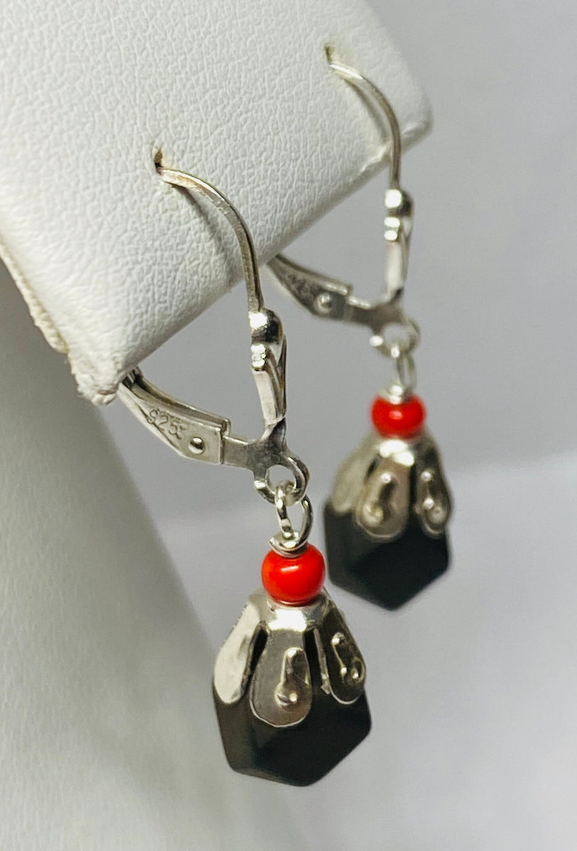 Sterling Silver Genuine 6mm Azabache Jet & Coral Leverback Dangle Earr ...