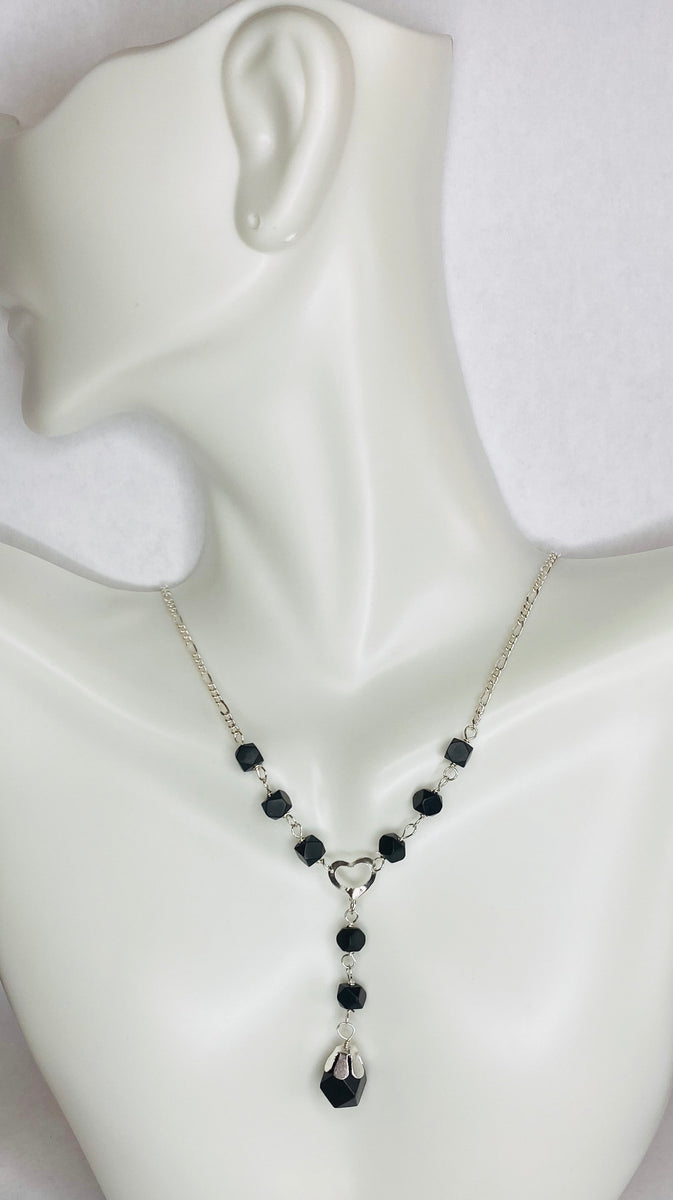 Silver Genuine Azabache Jet Black Heart Accent Figaro 18" Y-Necklace ...