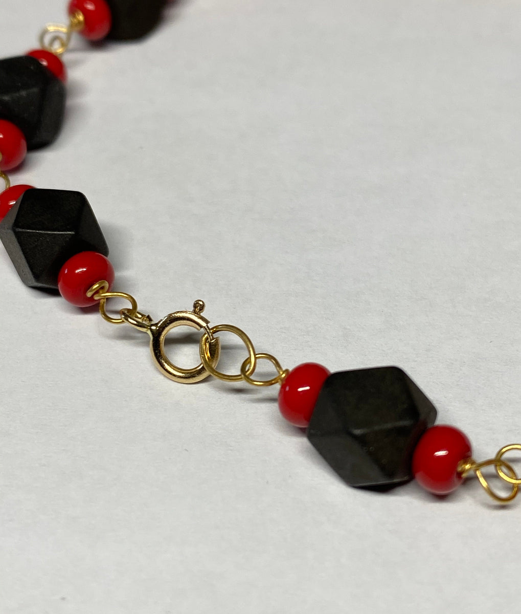 14 Karat Yellow Gold Genuine 6mm Azabache Jet & Coral Bracelet – G & W