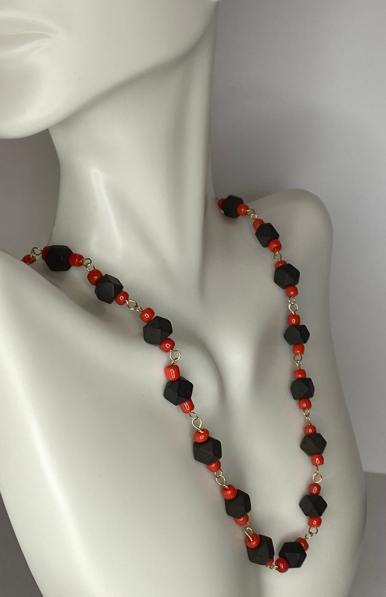 14 Karat Yellow Gold Genuine 4mm Azabache Jet & Coral 16" or 18" Neckl ...