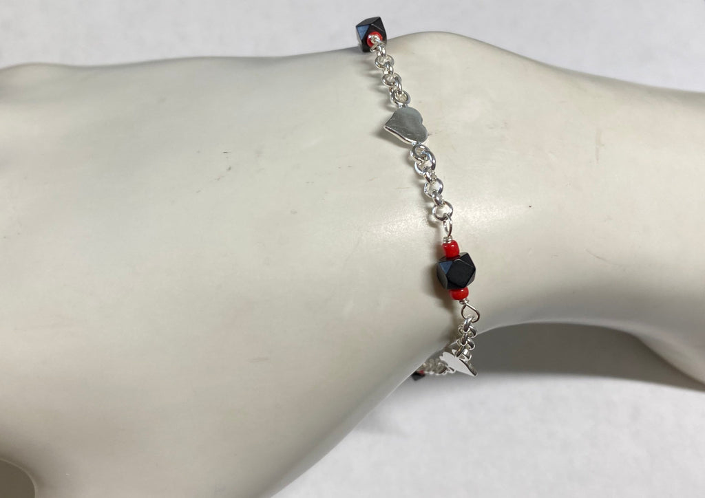 Sterling Silver Genuine Azabache Jet & Coral Heart Charms Rolo Link 7 ...
