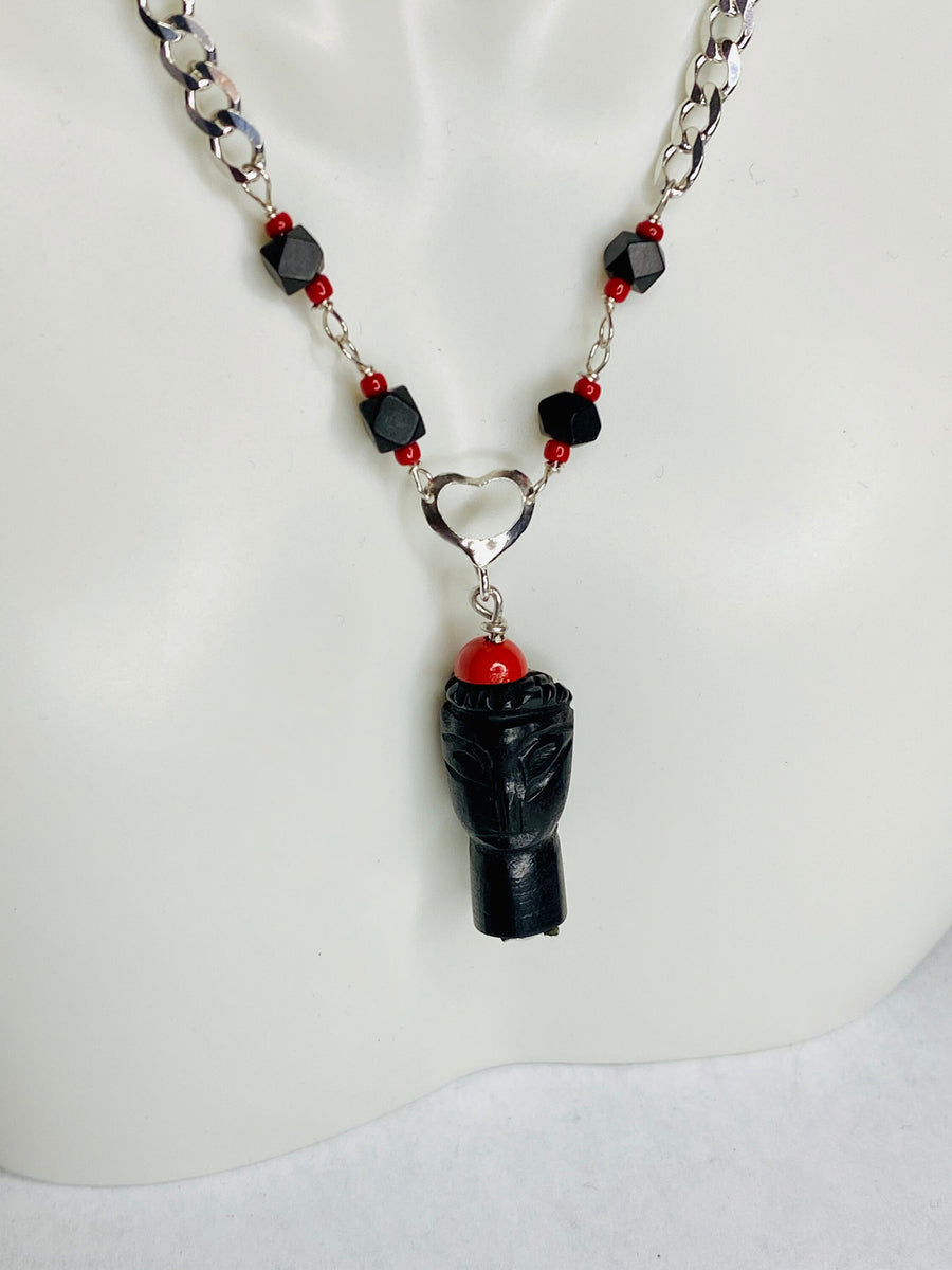 Sterling Silver Genuine Azabache Jet & Red Coral Beads Blackamoor Hear ...