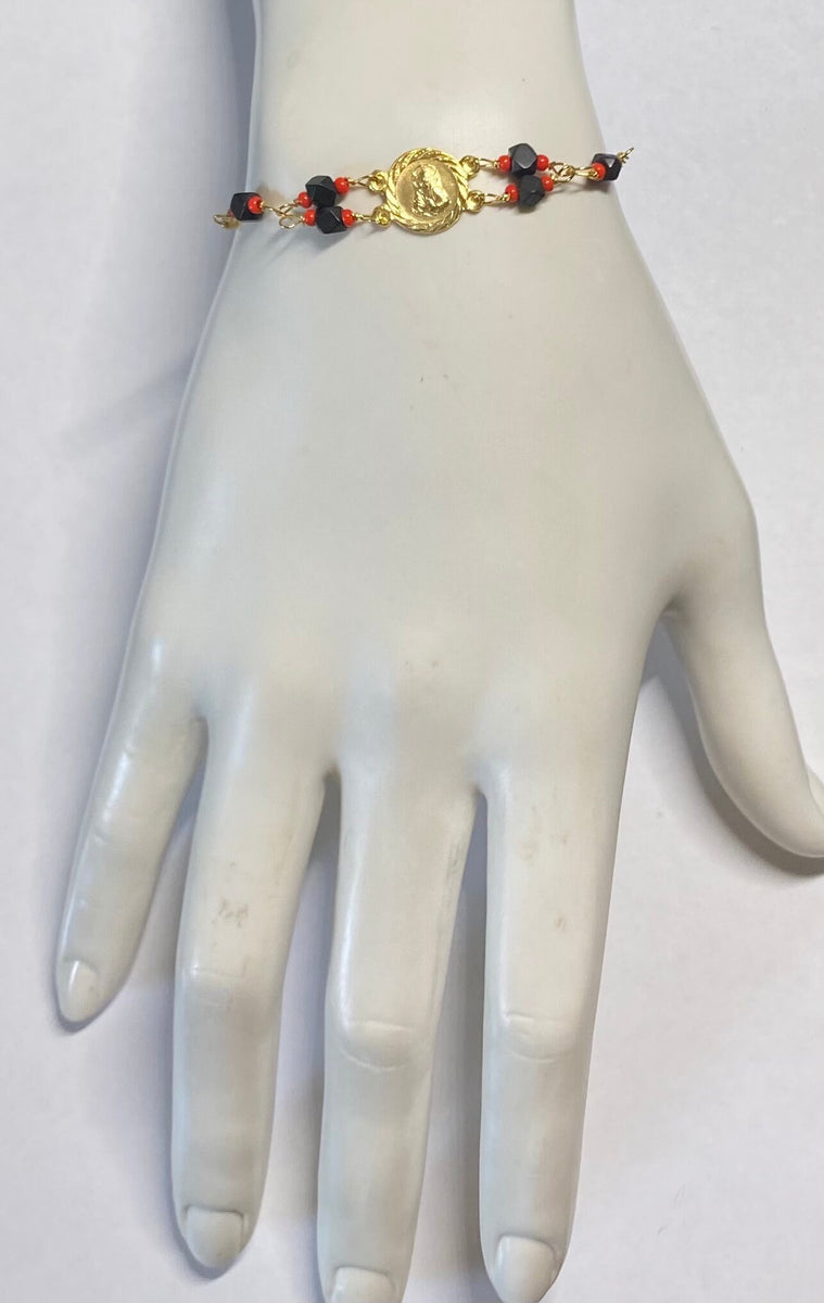 14K Ylw Gold Genuine Azabache Jet-Coral Sacred Heart of Jesus "Sagrado ...