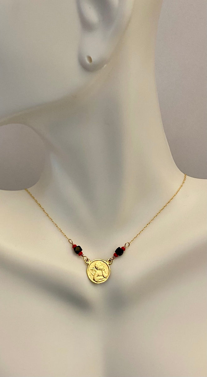 10 Karat Yellow Gold Genuine Azabache Jet and Coral Angel Cherub Medal ...