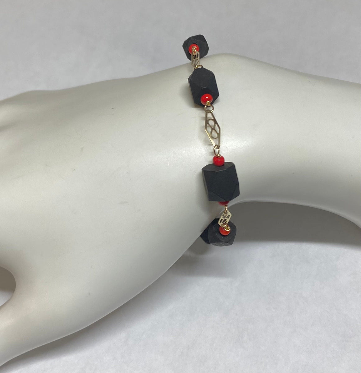 14 Karat Yellow Gold Filled Genuine 7mm Azabache Jet and Coral Accent ...