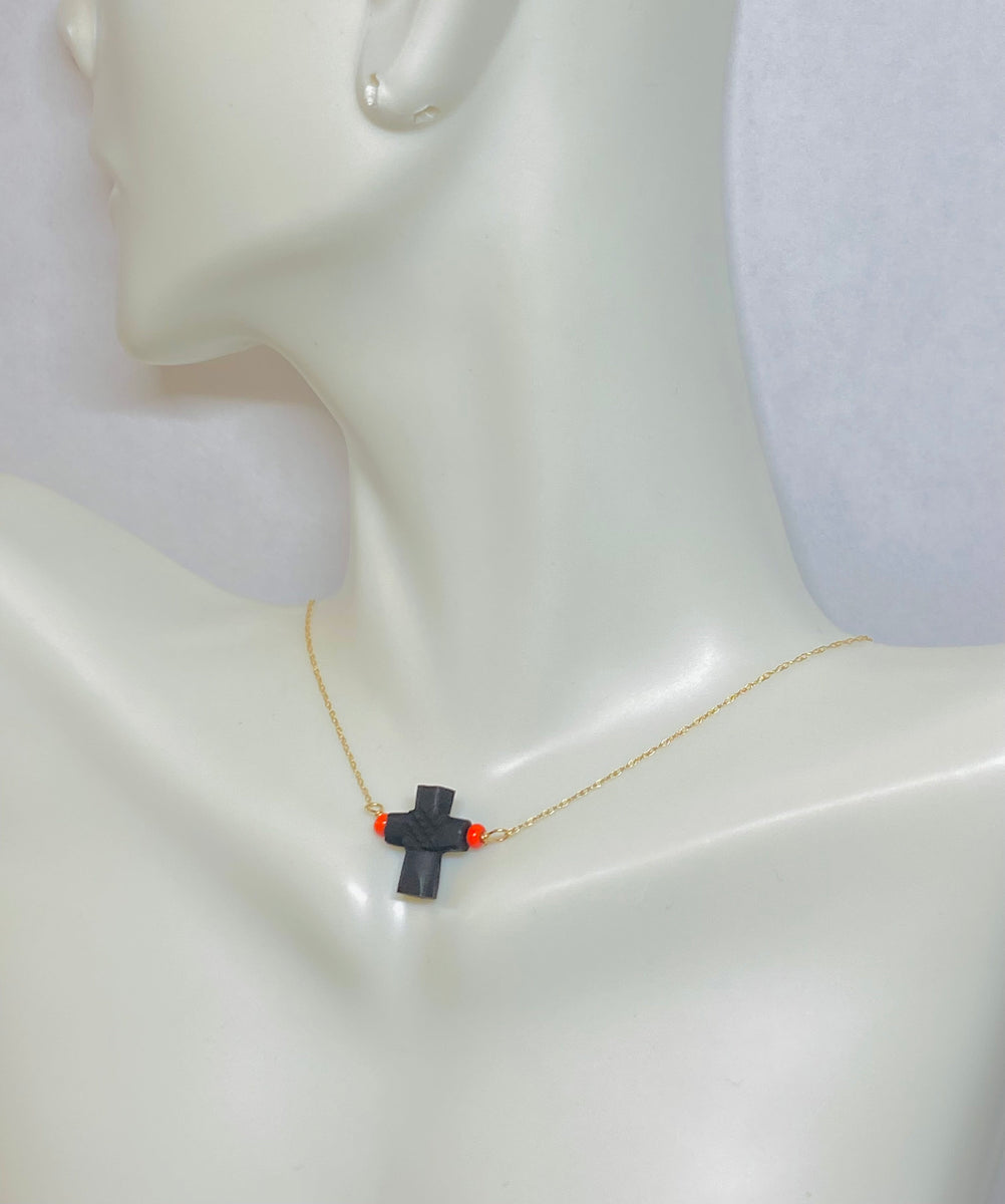 14 Karat Yellow Gold Genuine Azabache Jet Cross 16" Necklace – G & W