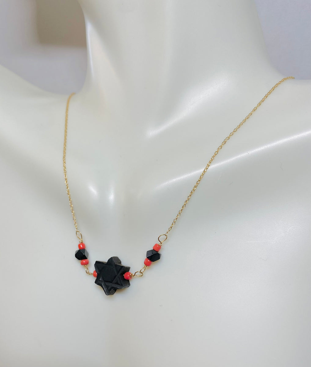 14 Karat Yellow Gold Genuine Azabache Jet Star of David 16" Necklace ...