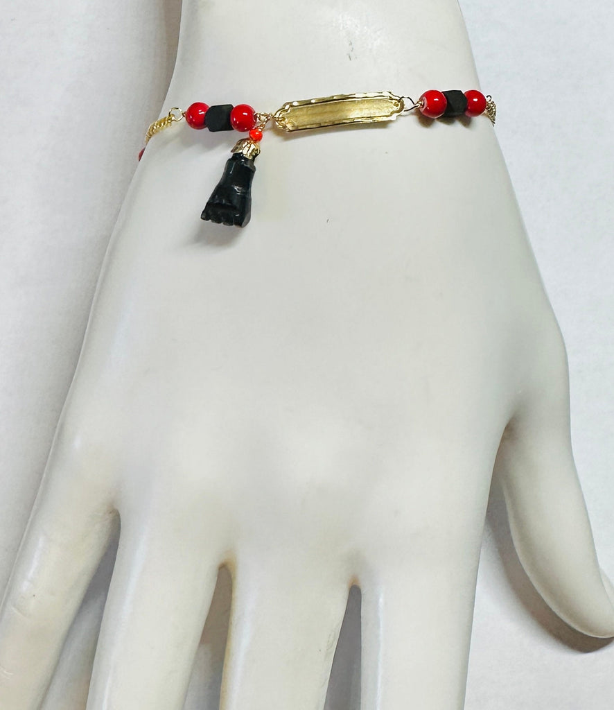 10 Karat Yellow Gold Genuine 4mm Azabache Jet and Red Coral with Azaba ...